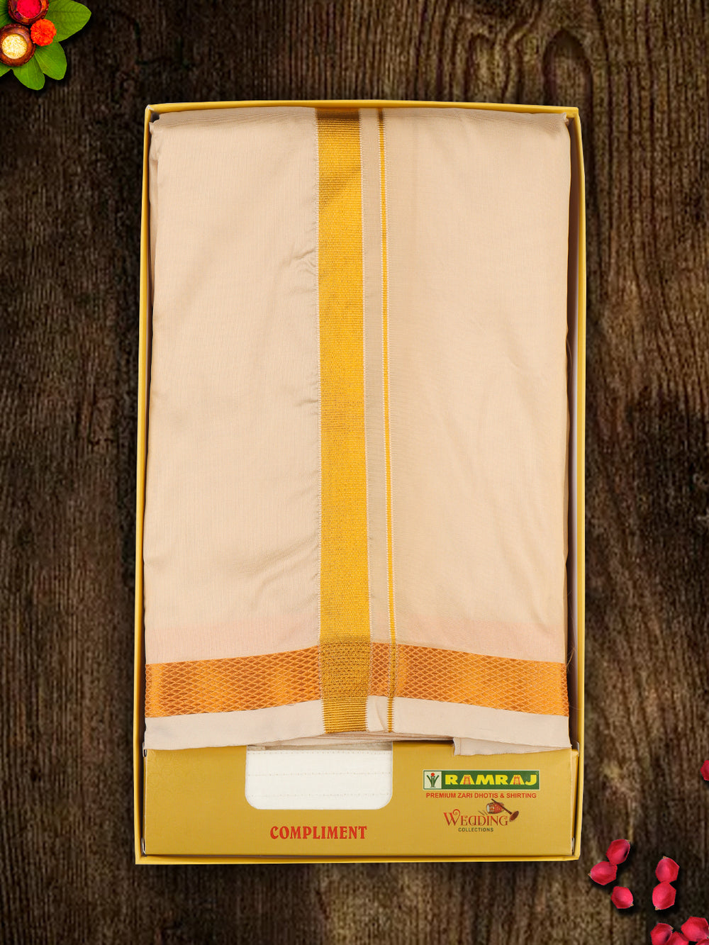 Ramraj Men Art Silk Zari Dhoti & Shirting Set Gold Ashirwath (2 in 1)