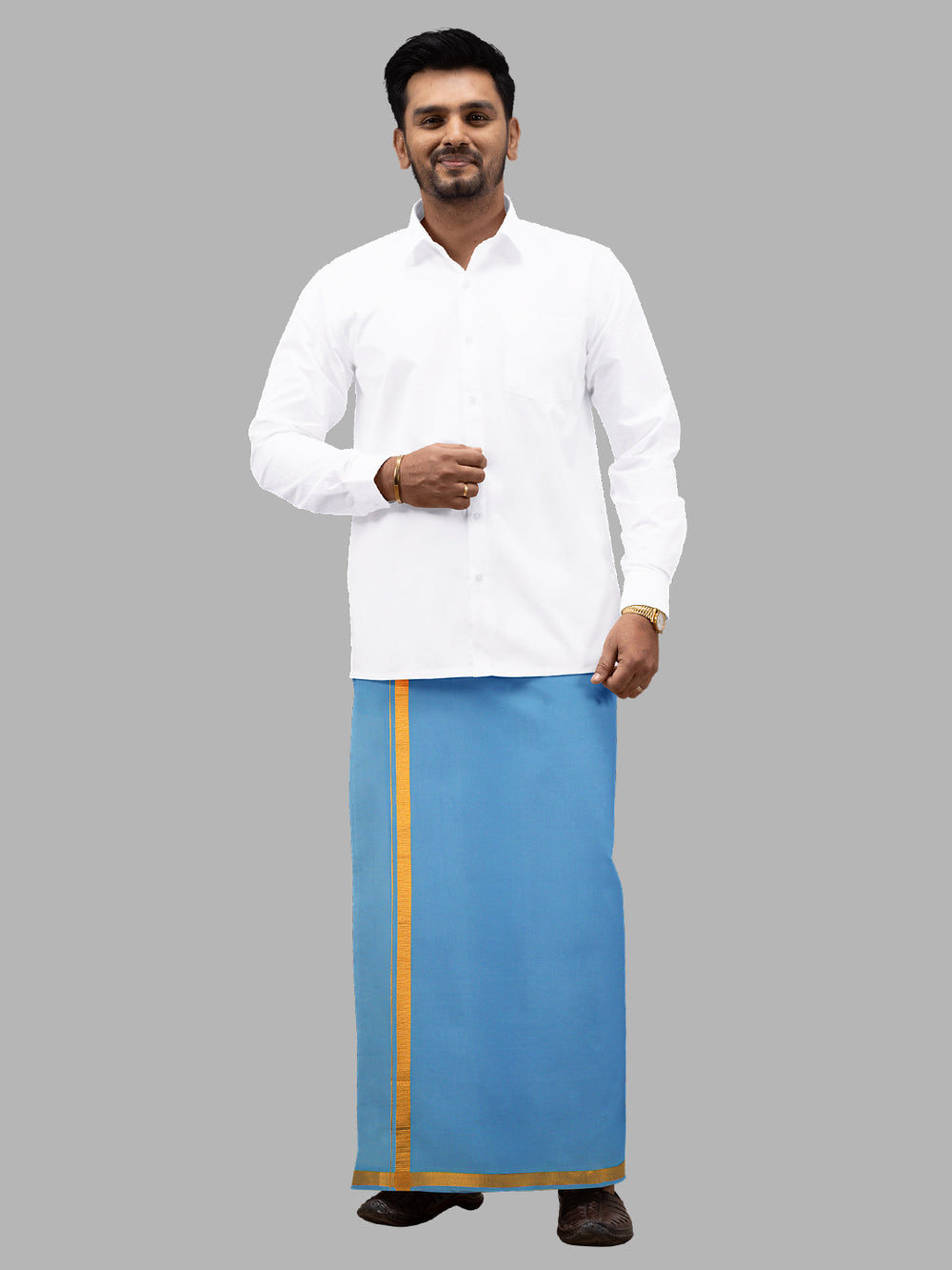 Ramraj Men Cotton Blend Single Layer Blue Dhoti with Gold Jari Border ...