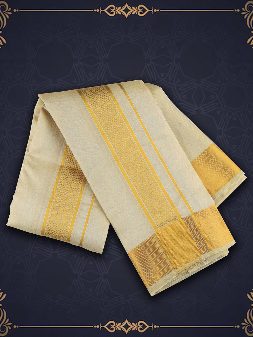 Lagnaa Men Premium Pure Silk Tissue Embossed Dhoti with 3" Gold Jari Border