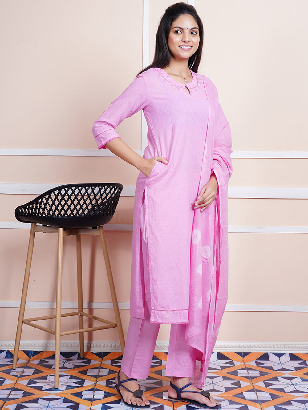 Ramyyam Women Cotton Printed Kurti Set Pink