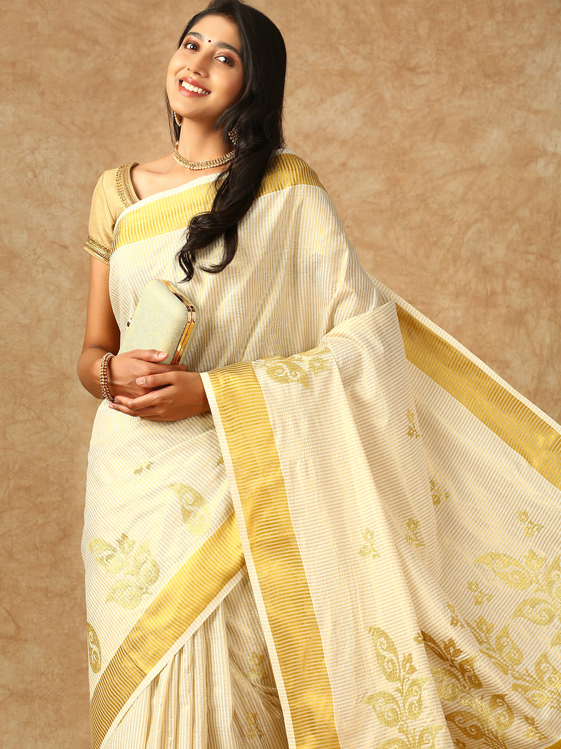 Ramyyam Women Kerala Cream Striped Saree KS156