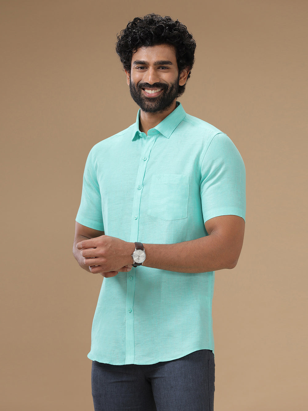 Men Pure Linen Light Blue Shirt L13