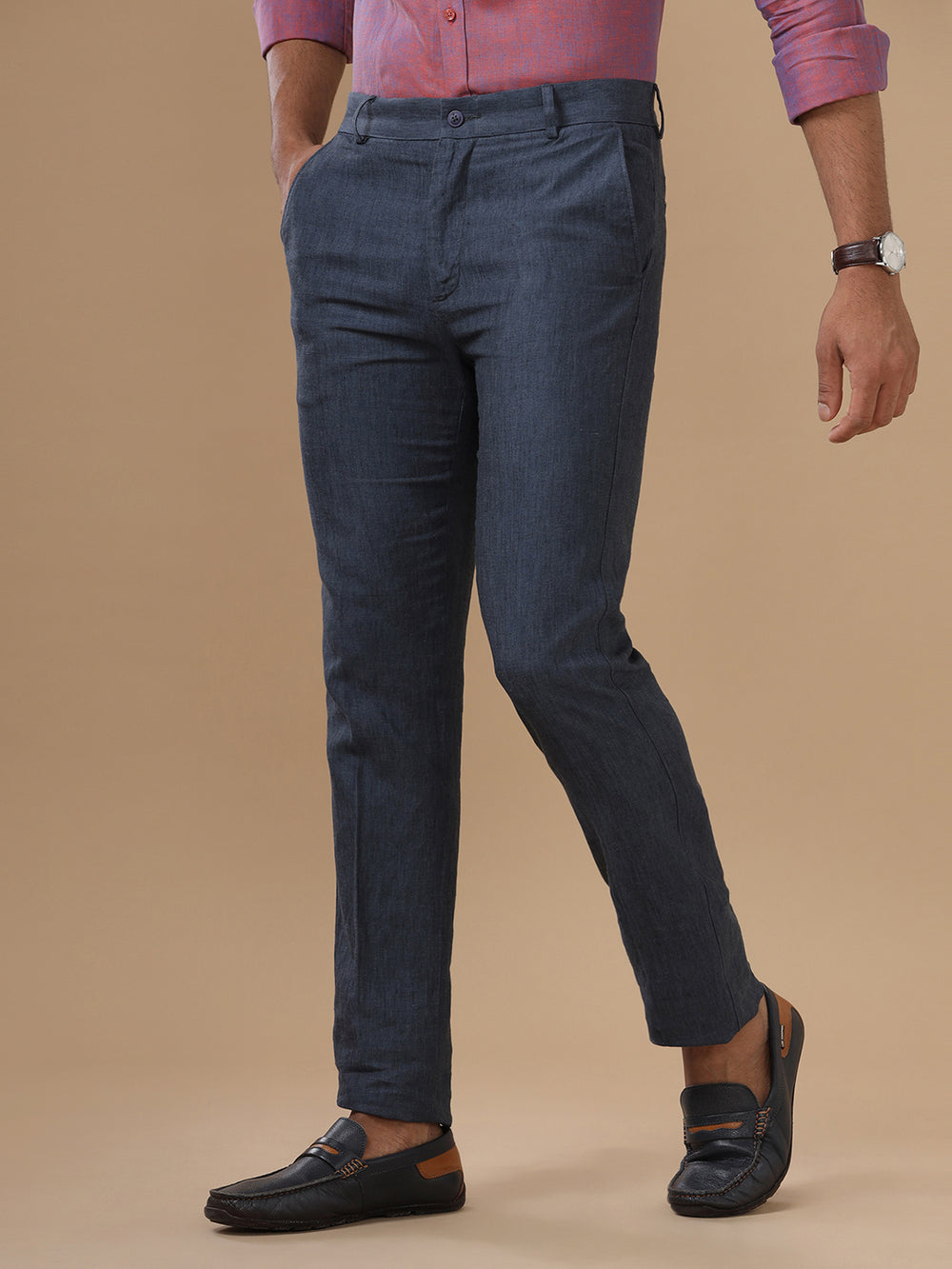 Ramraj Men Linen Cotton Grayish Blue Pant with Trim Fit LC10