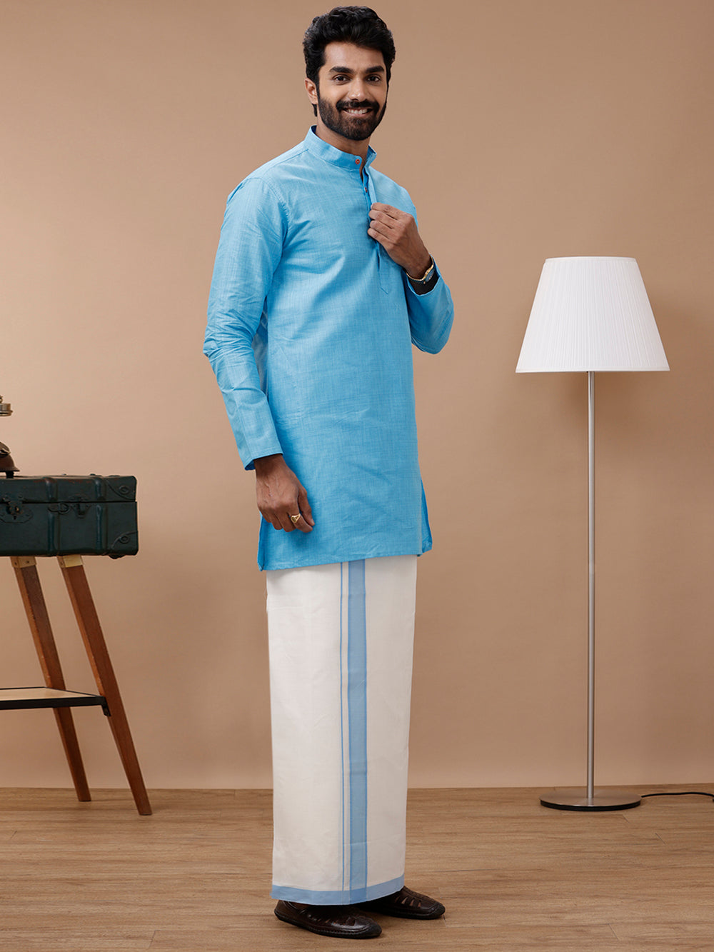 Ramraj Cotton Mens Kora Double Dhoti with Matching Kurta Set Sky Blue