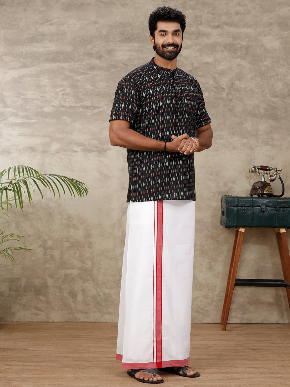 Ramraj Men Black Short Length Kurta with Single Layer White Dhoti Set OC26