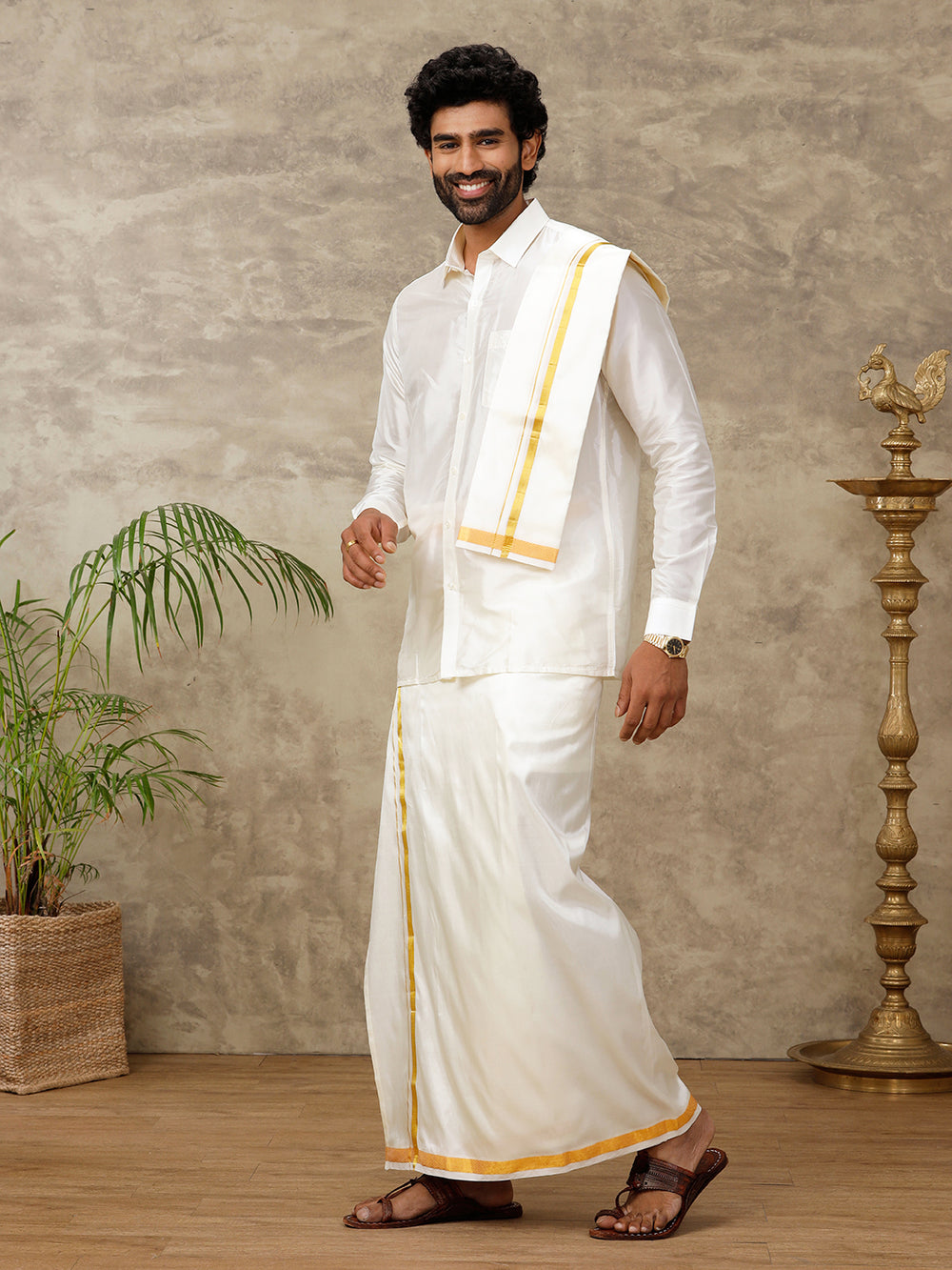 Ramraj Men Cream Art Silk Full Sleeves Shirt Double Layer Dhoti & Towel ...