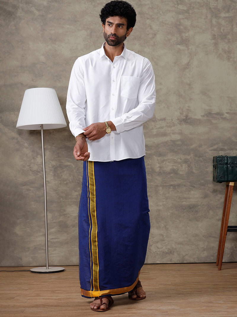 Ramraj Men Cotton Blend Single Layer Blue Dhoti with Fancy Border CD02