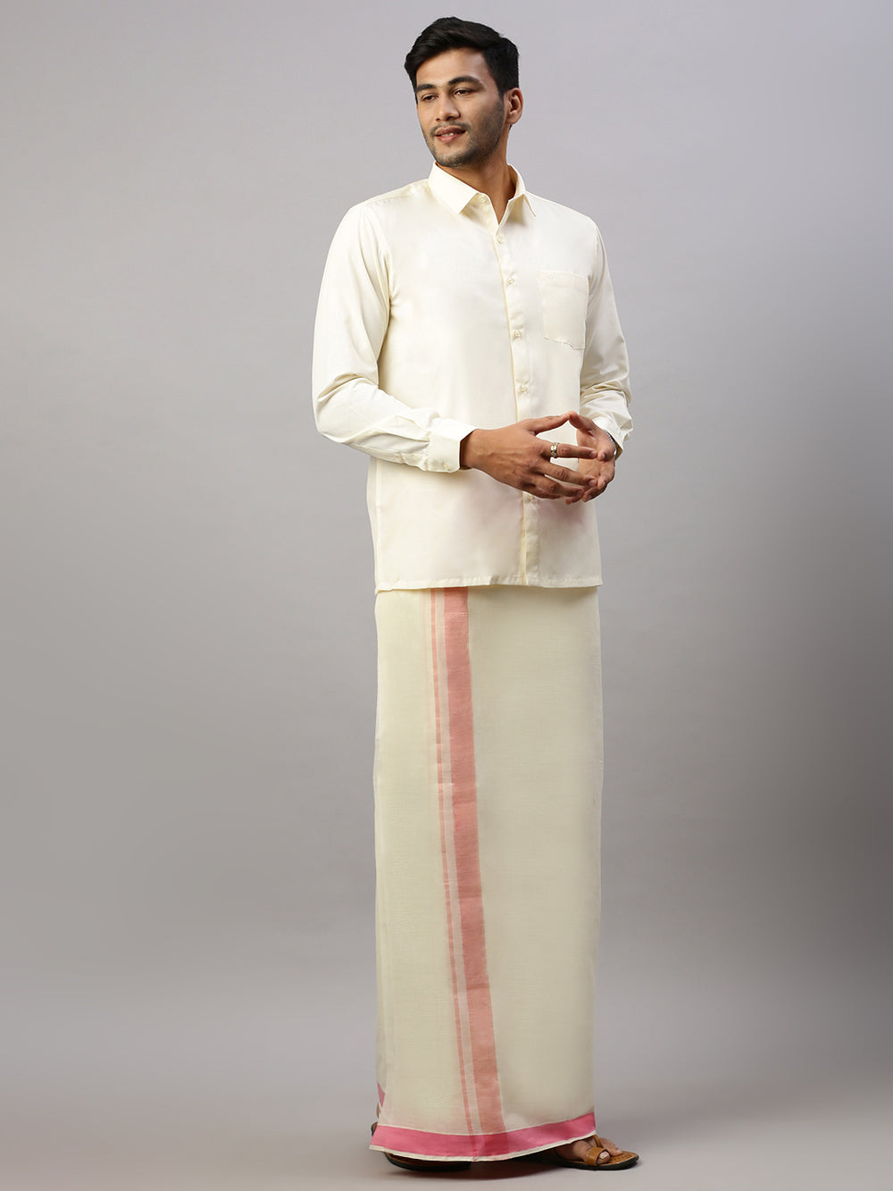 Ramraj Mens Pink Colour Jari Fancy Border Kora Dhoti - EGJ02