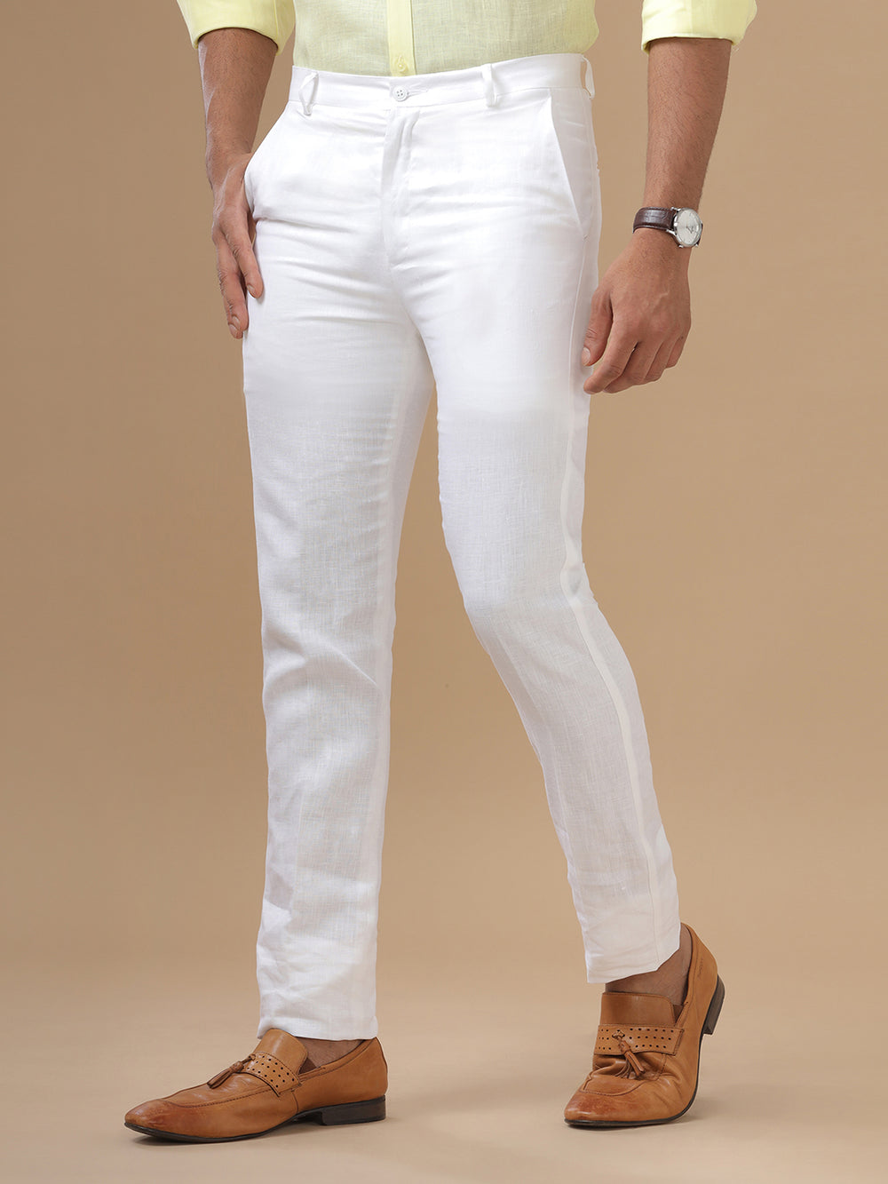 Linen Park Men Pure Linen White Pant with Trim Fit WH01