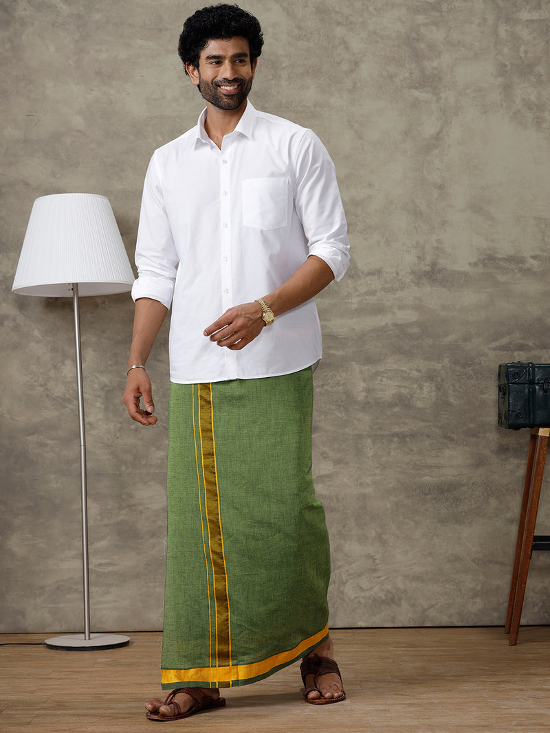 Ramraj Men Cotton Blend Single Layer Green Dhoti with Fancy Border CD01