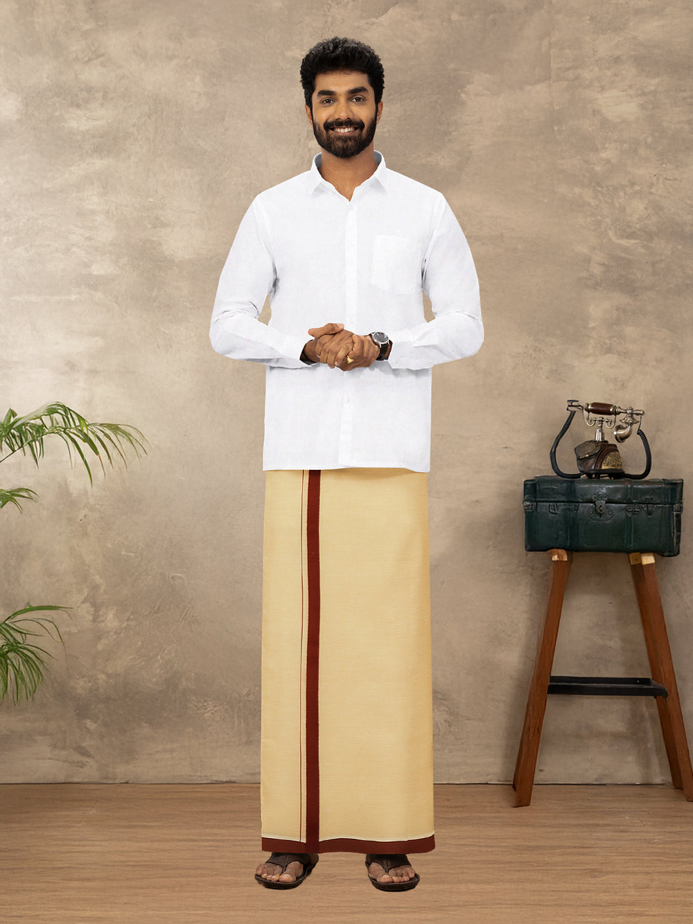 Ramraj Men Cotton Blend Single Layer Gold Dhoti with Big Border Yogi Spl 2