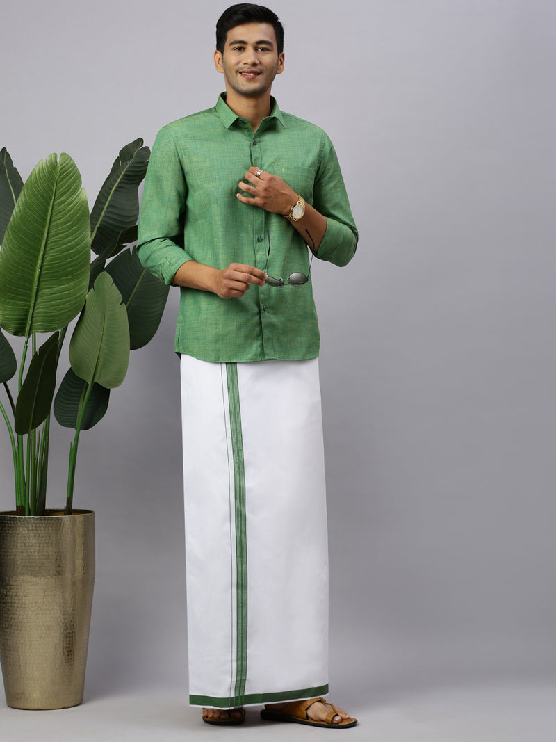 Ramraj Mens Evolution Green Matching Border Dhoti & Full Sleeves Shirt Set