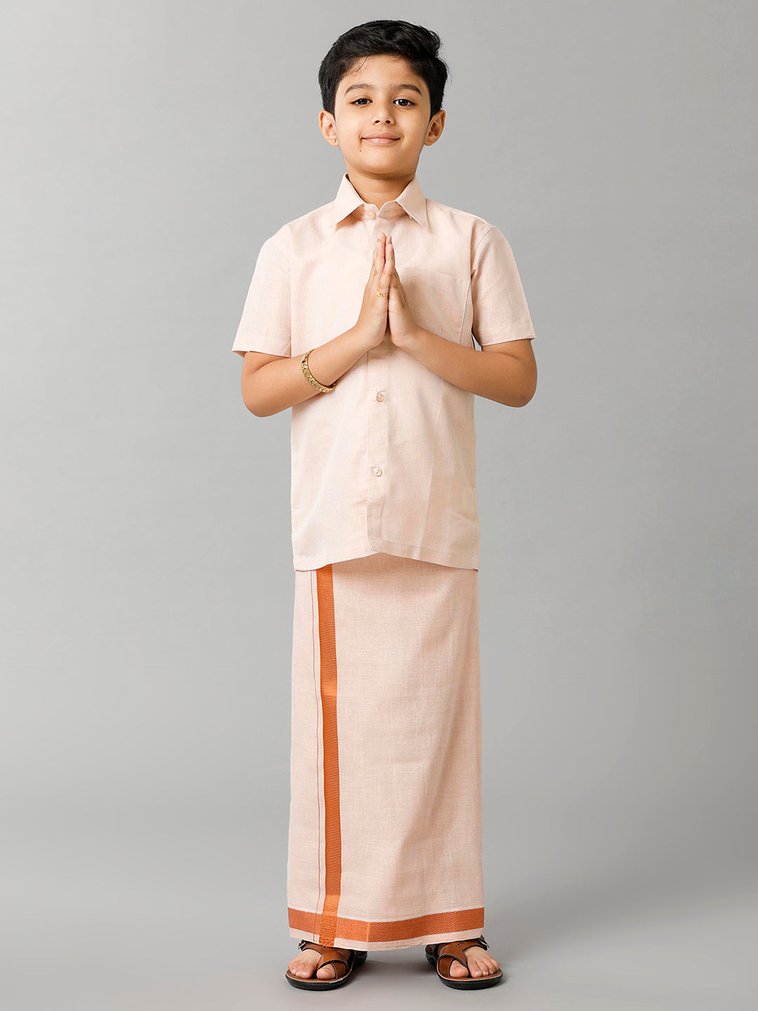 Home All products Boys Tissue Shirt & Dhoti Set Copper