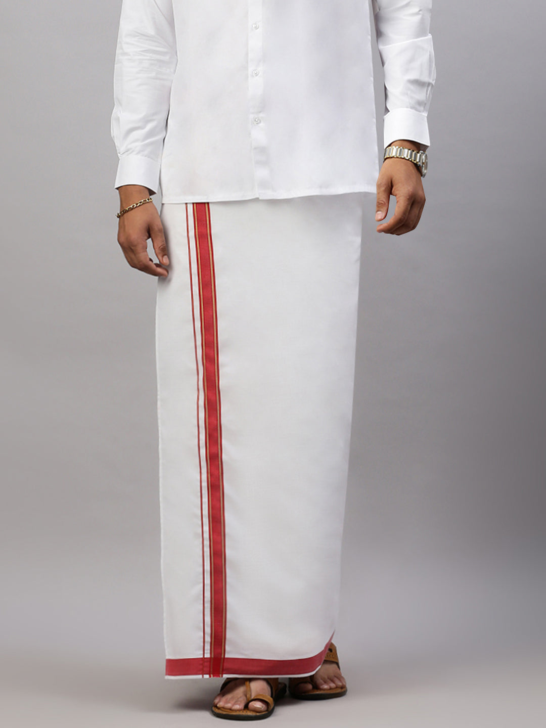 Mens White Adjustable Pocket Dhoti with Red Fancy Border
