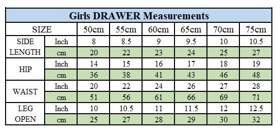 girls drawer size chart