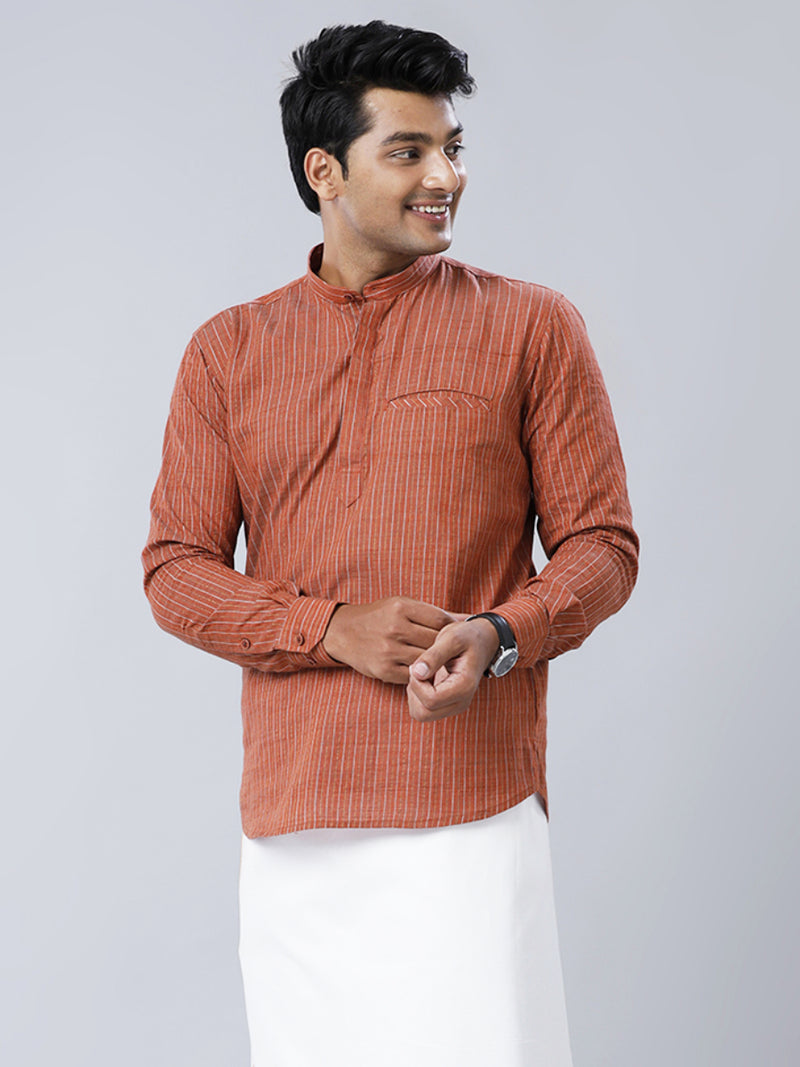 Ramraj Men Cotton Brown Striped Short Length Kurta RA16