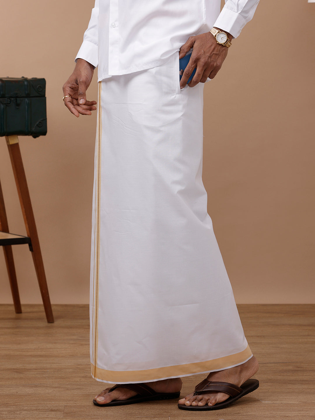 Mens Yellow colour Adjustable Pocket Dhoti with Jari Border