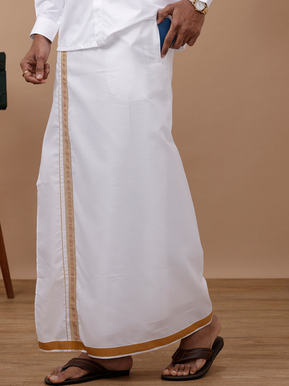 Ramraj Mens Mustard Adjustable Pocket Dhoti with Jari Border GACJ02