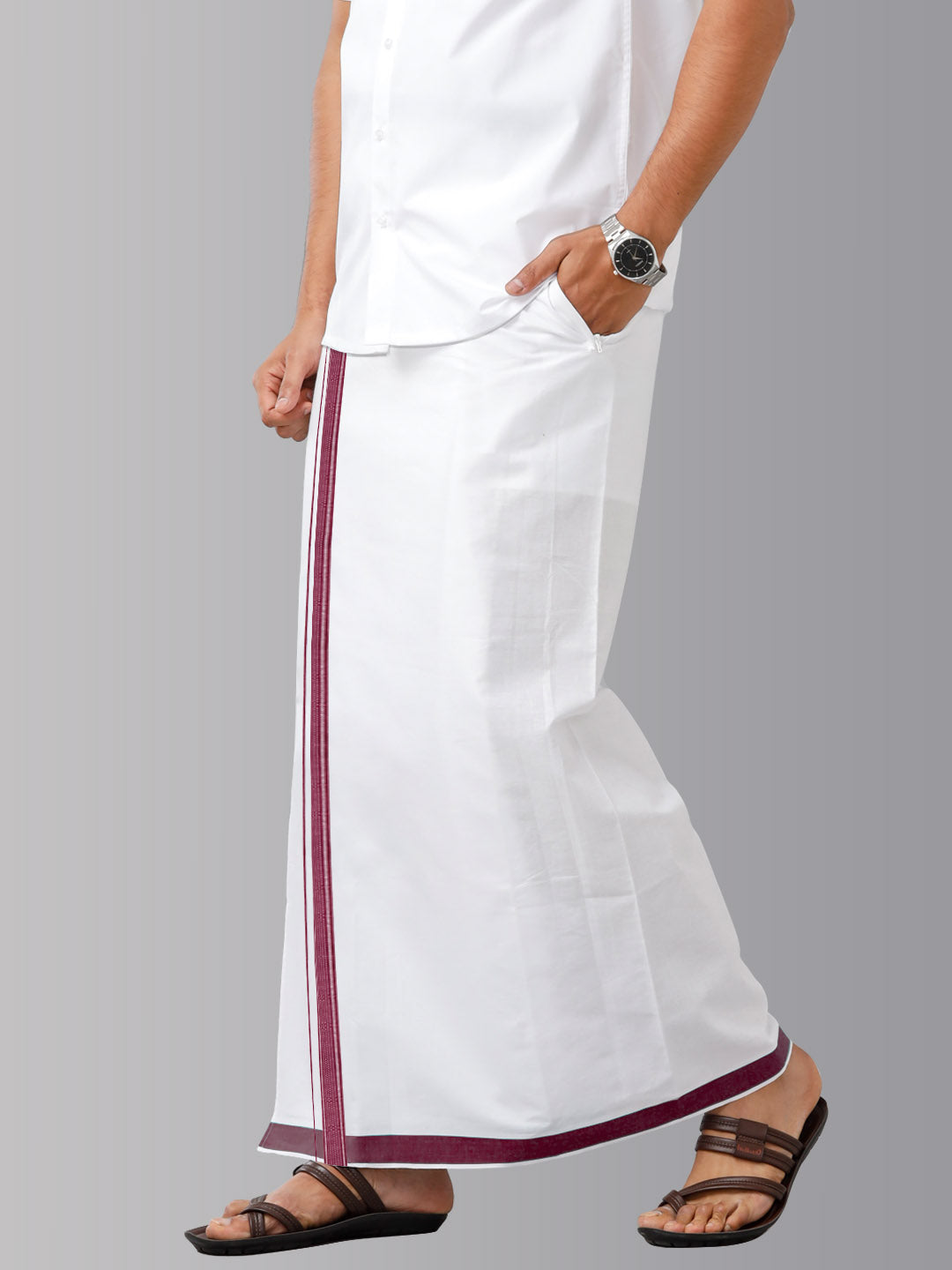 Mens Readymade Adjustable White with Fancy Border Single Dhoti Maroon