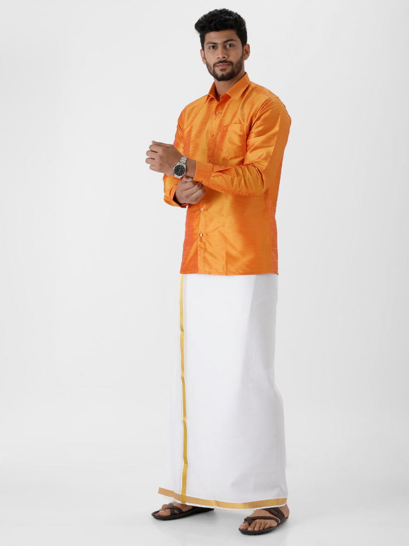 Ramraj Silk Look Fancy Colour Full Sleeves Orange Shirt & Jari Dhoti Combo