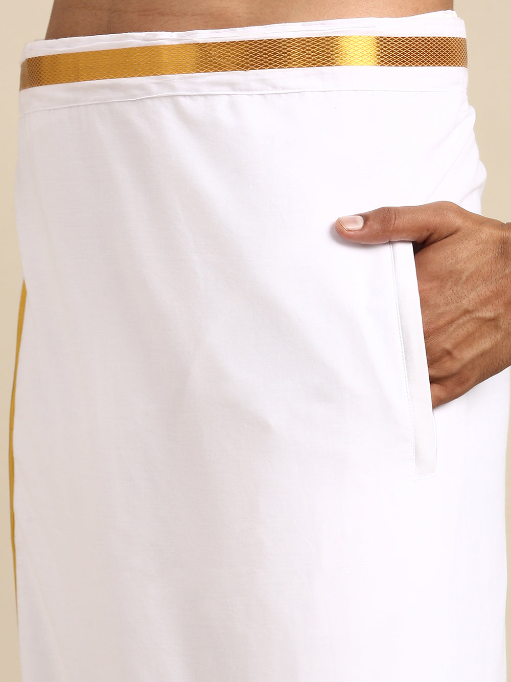 Ramraj Genxt Mens Readymade Single Dhoti White with Gold Jari Border 248