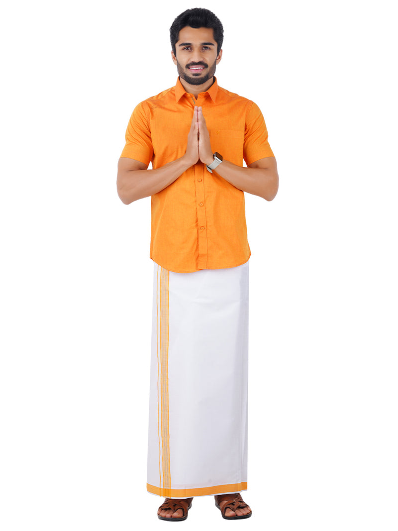 Ramraj Mens Fancy Border Dhoti & Shirt Set Half Sleeves Orange G107